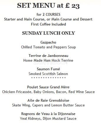 Menu at Le Colombier restaurant, London