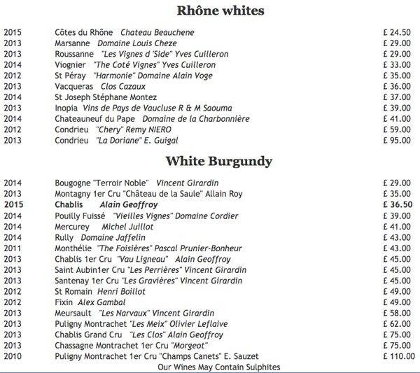 Menu at Le Colombier restaurant, London