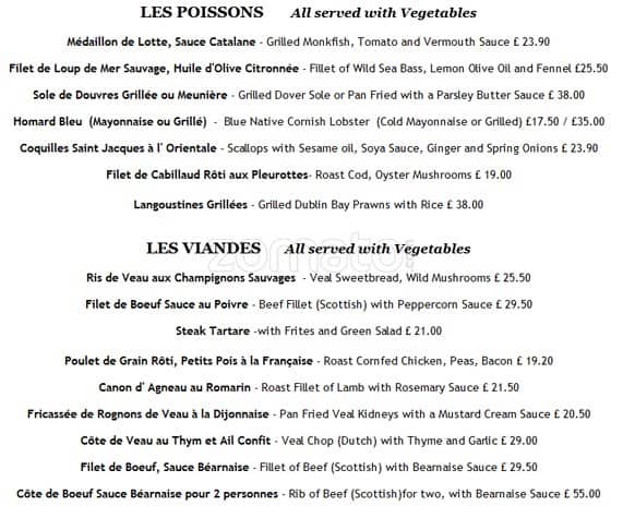 Menu at Le Colombier restaurant, London