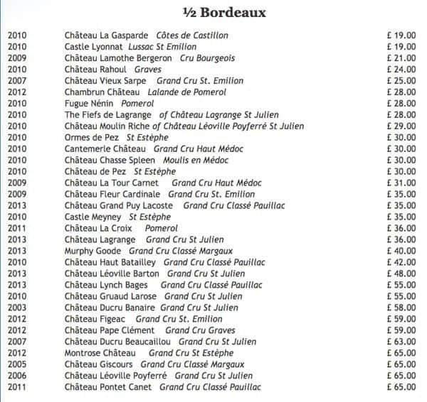 Menu at Le Colombier restaurant, London