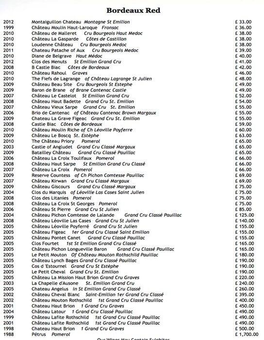 Menu at Le Colombier restaurant, London
