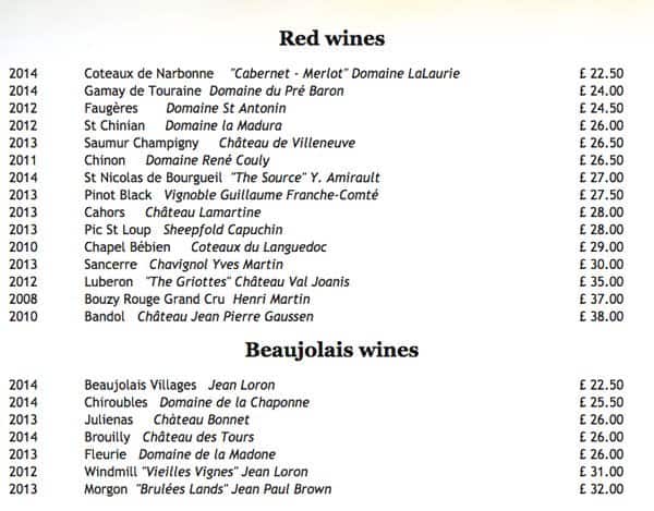Menu at Le Colombier restaurant, London