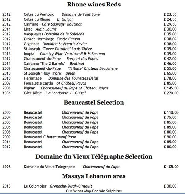 Menu at Le Colombier restaurant, London