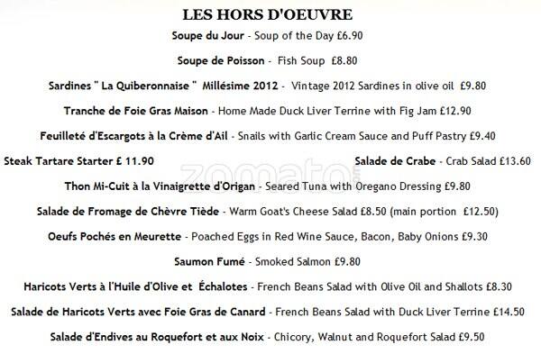 Menu at Le Colombier restaurant, London