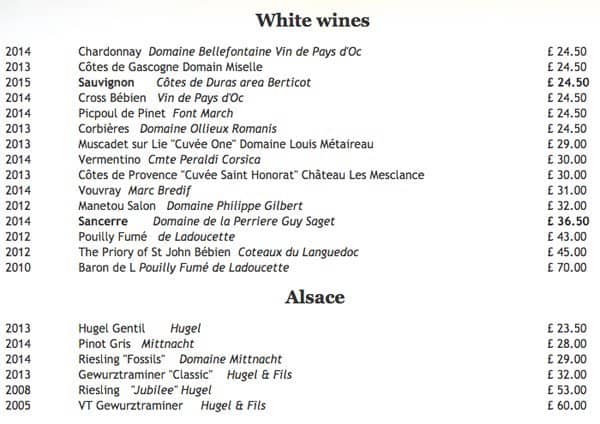 Menu at Le Colombier restaurant, London