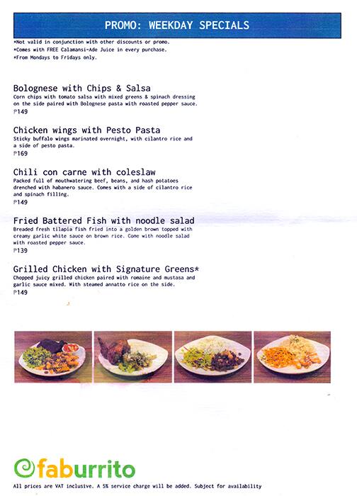 Menu at Faburrito The Columns restaurant, Makati, Ayala Ave