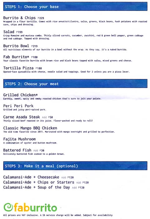 Menu at Faburrito The Columns restaurant, Makati, Ayala Ave