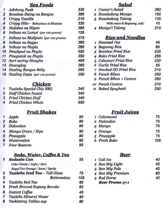 Menu at Taaleña Restaurant & Bar, Tagaytay, 54 Aguinaldo Hwy