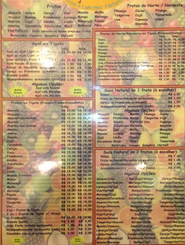 Menu at Açaí Show pub & bar, São Paulo