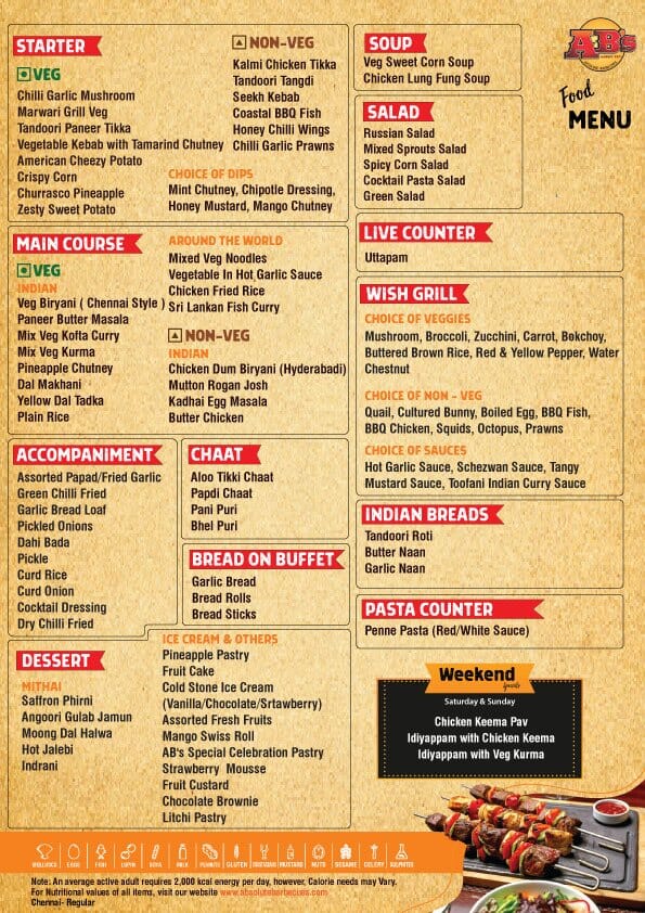 Menu of AB's - Absolute Barbecues, Velachery, Chennai
