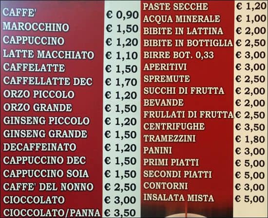 Menu da Cafè Nova ristorante, Roma, Via di Torre Spaccata