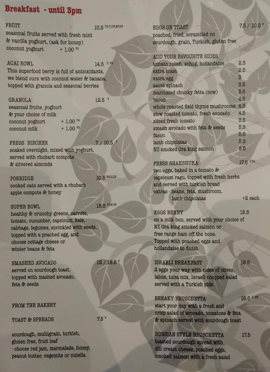 Menu at Fress cafe, Caulfield South