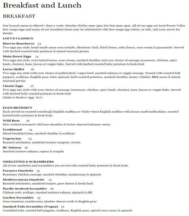 Menu at Locus Restaurant & Lounge, Vancouver