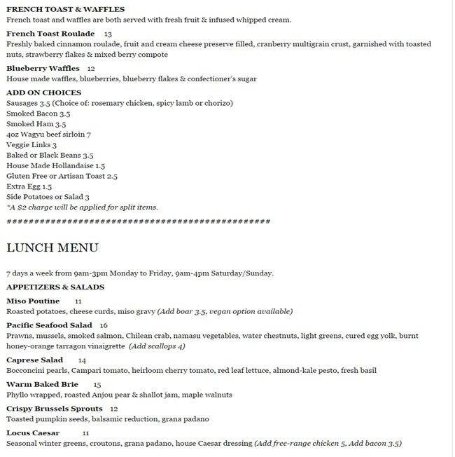 Menu at Locus Restaurant & Lounge, Vancouver