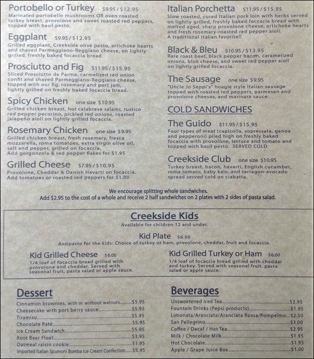 Menu at Creekside Cellars pub & bar, Evergreen