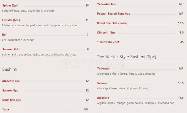 Menu at Hive Sushi Lounge restaurant, San Diego, 1065 14th St