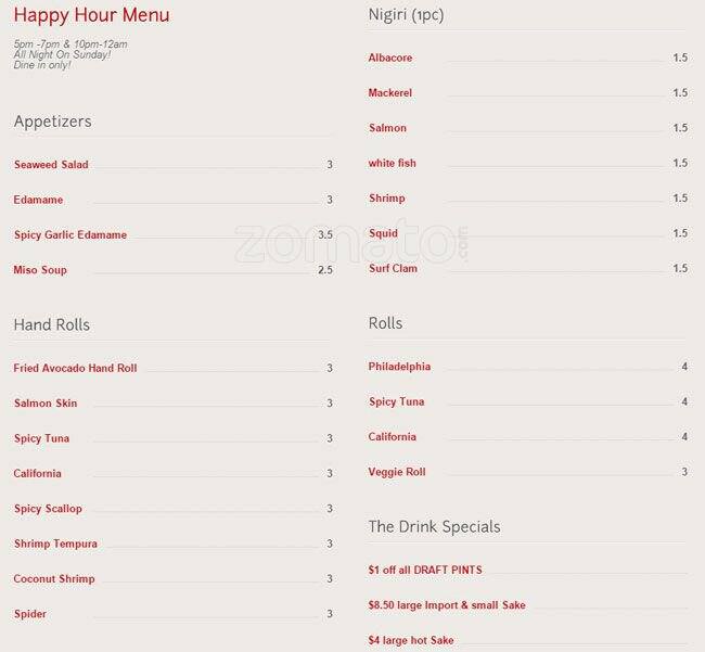 Menu at Hive Sushi Lounge restaurant, San Diego, 1065 14th St