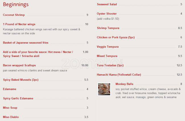 Menu at Hive Sushi Lounge restaurant, San Diego, 1065 14th St