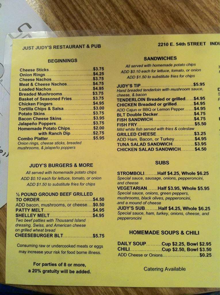 Menu at Just Judy's Restaurant, Indianapolis, E 62nd St