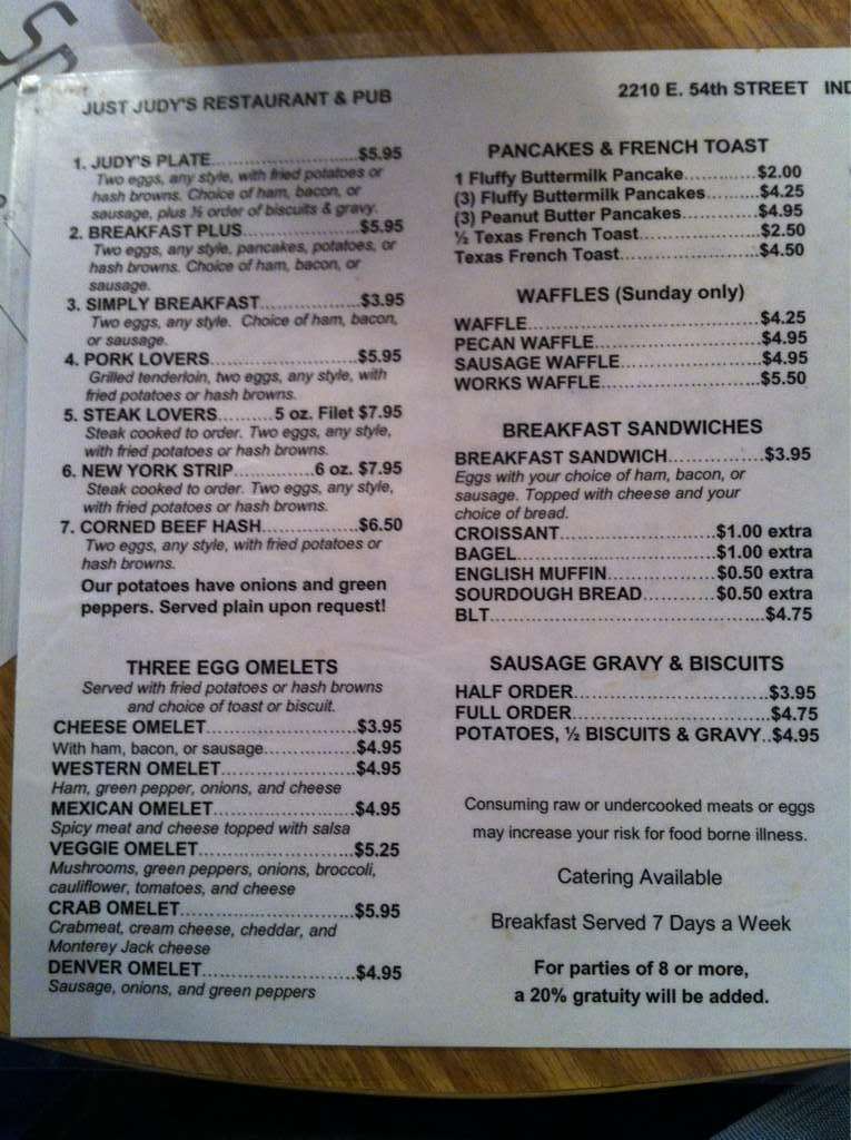 Menu at Just Judy's Restaurant, Indianapolis, E 62nd St