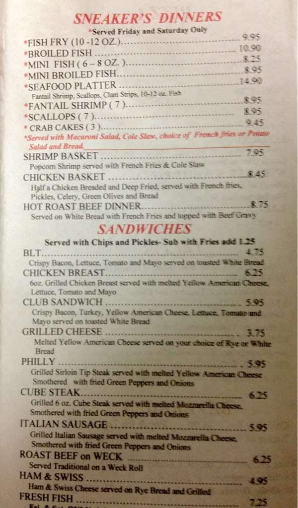 Menu at Sneaker's pub & bar, Blasdell