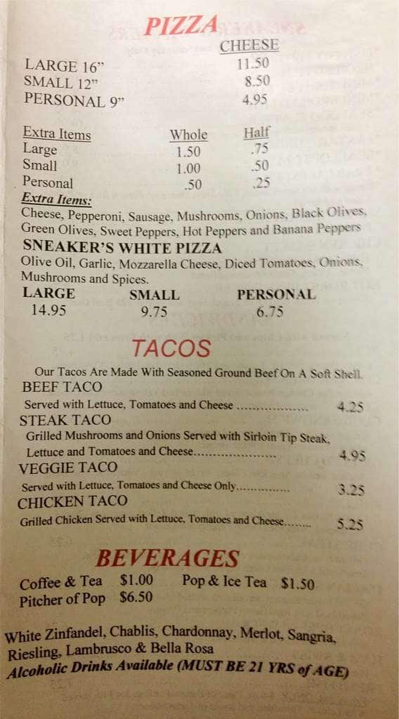 Menu at Sneaker's pub & bar, Blasdell