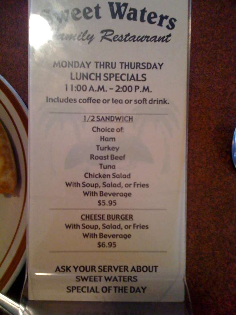 Menu at Sweet Waters Family Restaurant & Lounge, Albany
