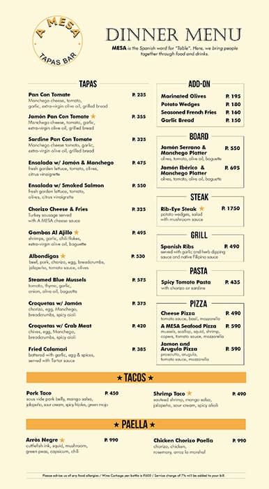 Menu at A MESA BBQ & TAPAS, Lapu-Lapu City