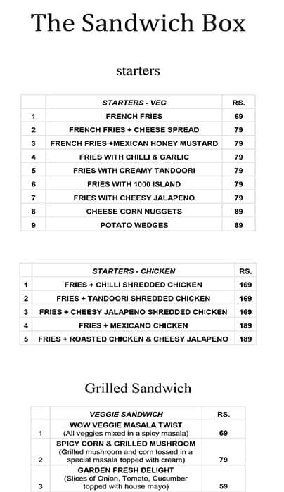 Menu of The Sandwich Box, Medavakkam, Chennai