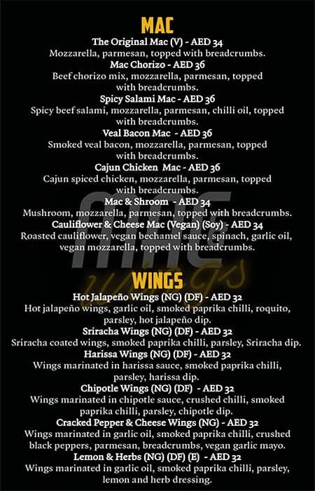 Menu at Mac & Wings, Sharjah