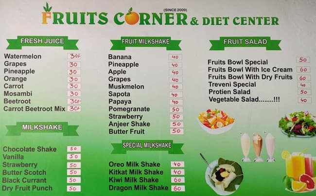 Menu of Fruits Corner, Kumaraswamy Layout, Bangalore