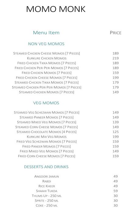 Menu of Momo Monk, Electronic City, Bangalore