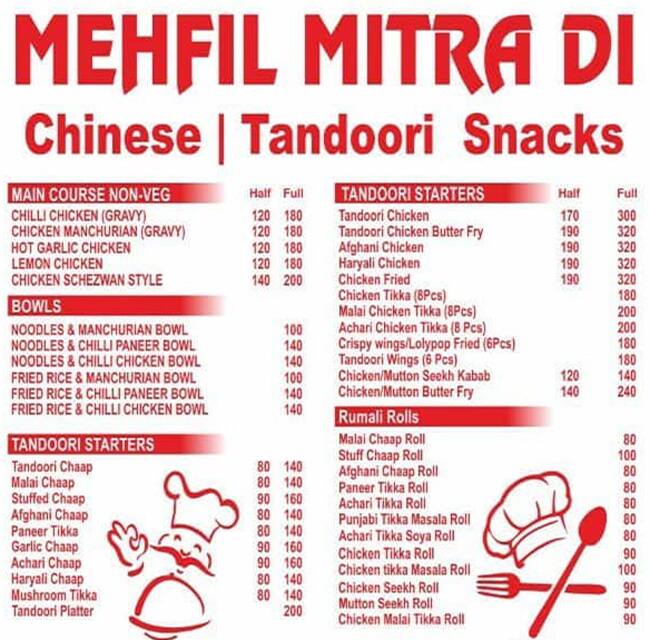 Menu of Mehfil Mitra Di, Chaukhandi, Noida