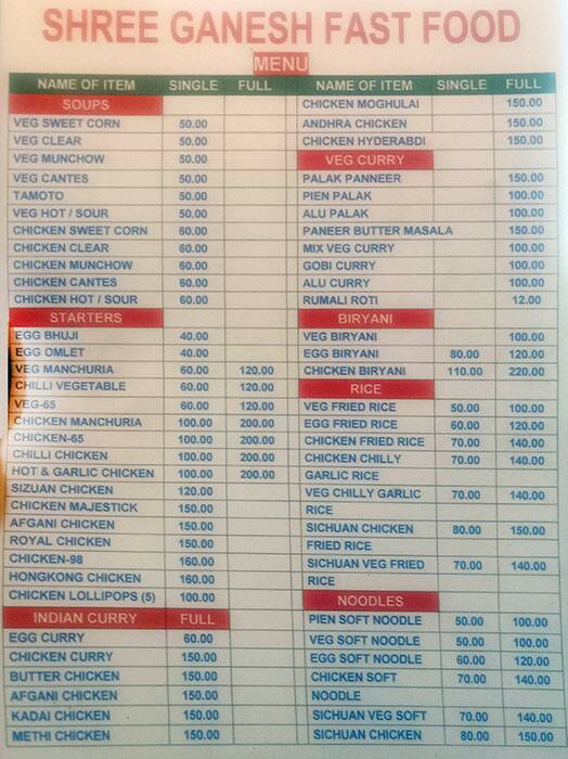 Menu of Sri Ganesh Fast Food, Rani Gunj, Secunderabad