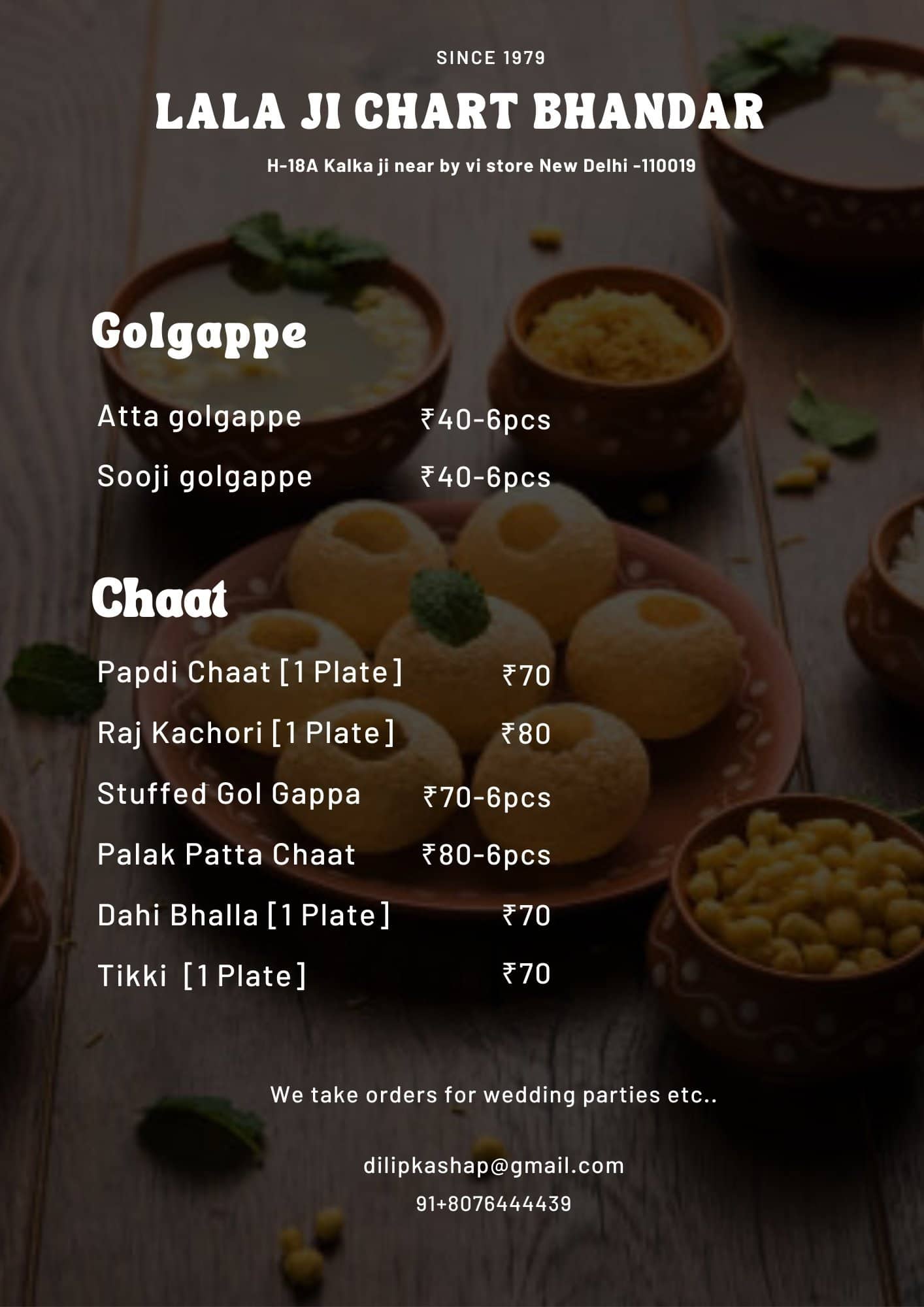Menu of Lalaji Chat Bhandar, Kalkaji, New Delhi