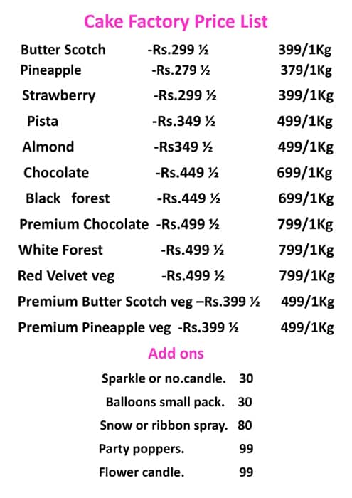 Menu of Cake Factory, Kothapet, Hyderabad