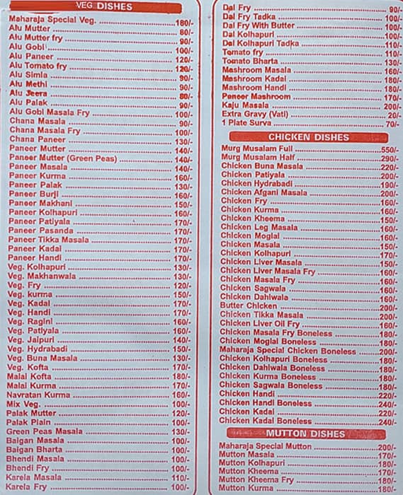 Menu of Maharaja Restaurant, Worli, Mumbai