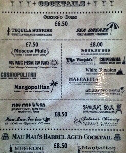 Menu at Mau Mau Bar, London