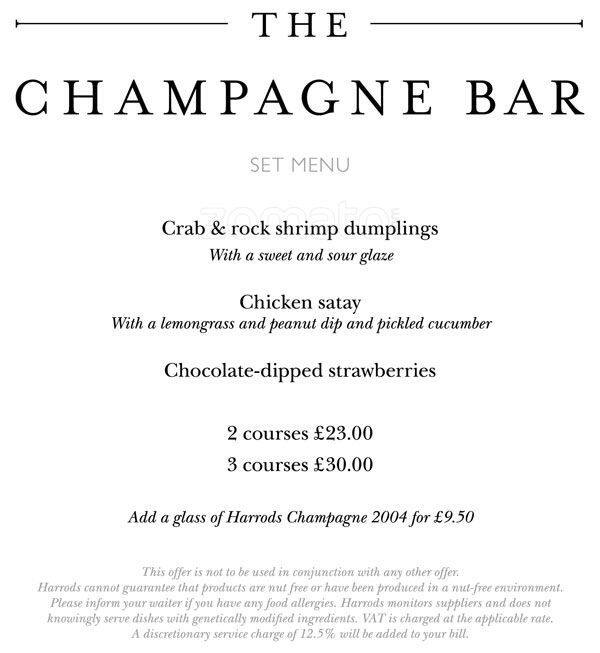 Menu at Champagne Bar, London, 87-135 Brompton Rd