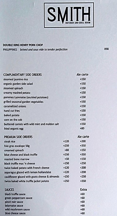 Menu at Smith Butcher And Grill Room steakhouse, Makati