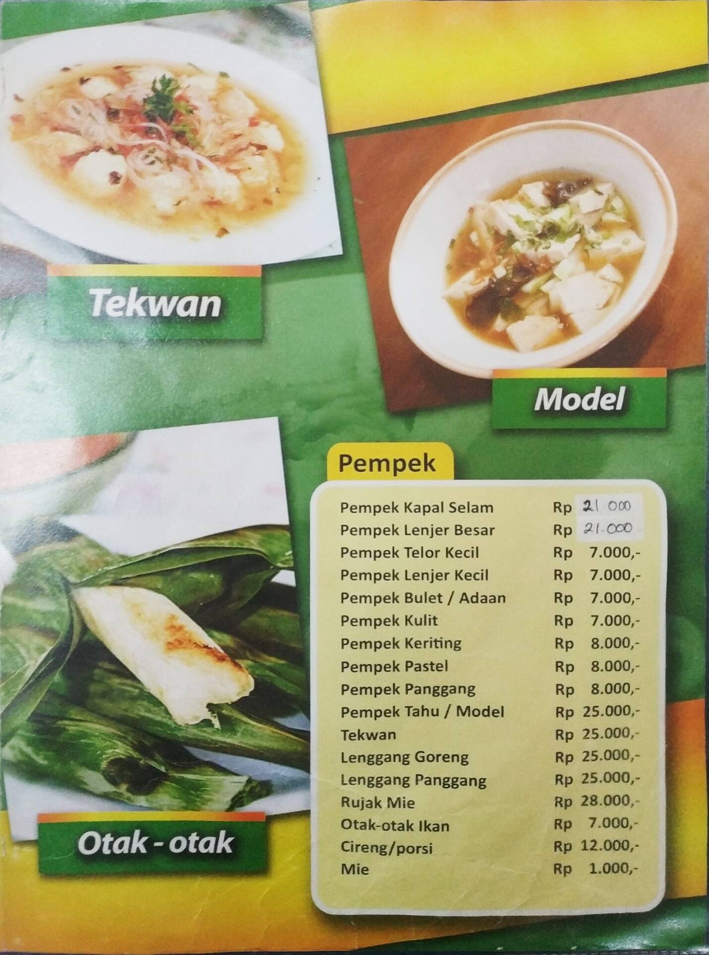 Menu at Pempek Nelly restaurant, Jakarta, Jl. Letj. Jend. Soeprapto