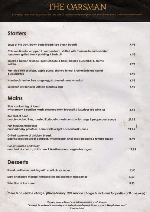 Menu at The Oarsman pub & bar, Dublin