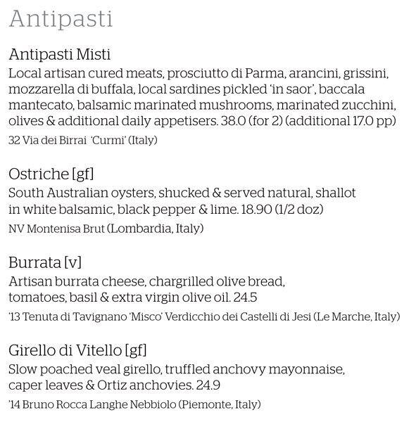 Menu at Chianti restaurant, Adelaide