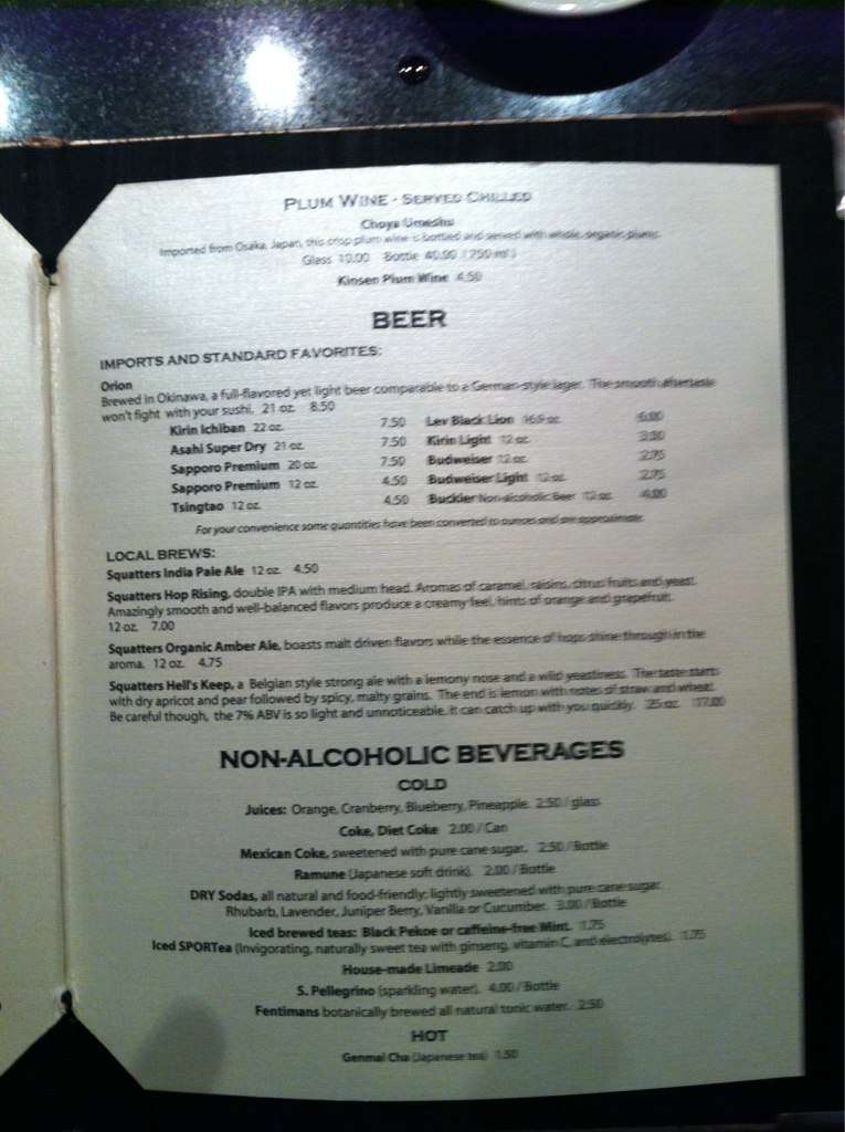 Menu at Takashi restaurant, Salt Lake City