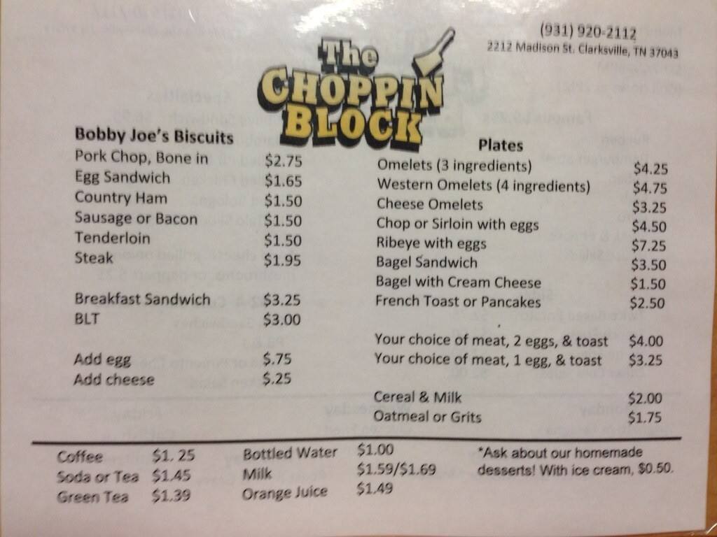 Menu at The Choppin' Block restaurant, Clarksville