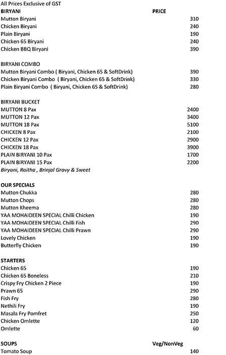 Menu at YAA MOHIDEEN BIRYANI Tambaram, Chennai