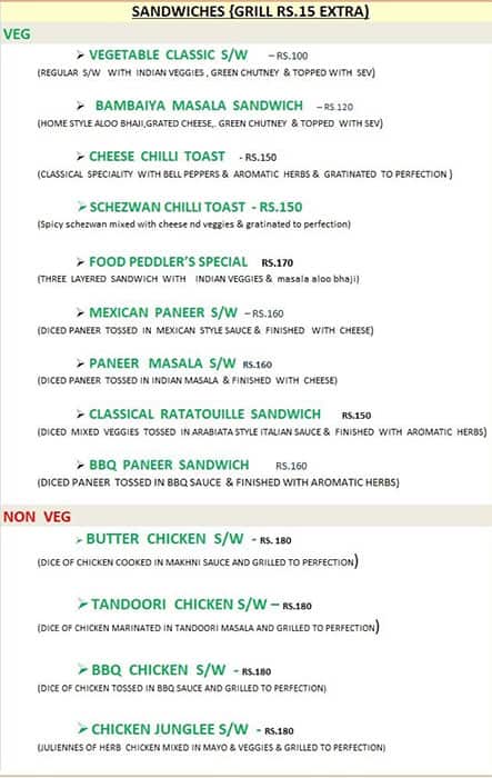 Menu of Food Peddler's, Kurla, Mumbai