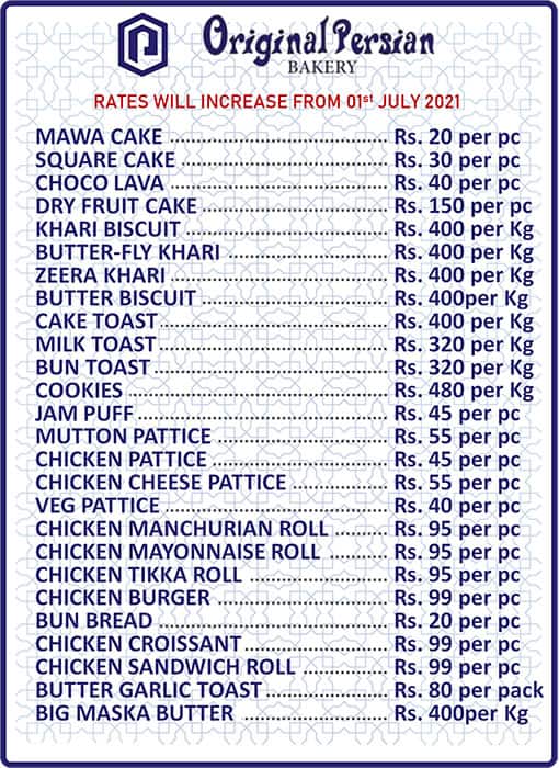 Menu of Original Persian Bakery, Grant Road, Mumbai