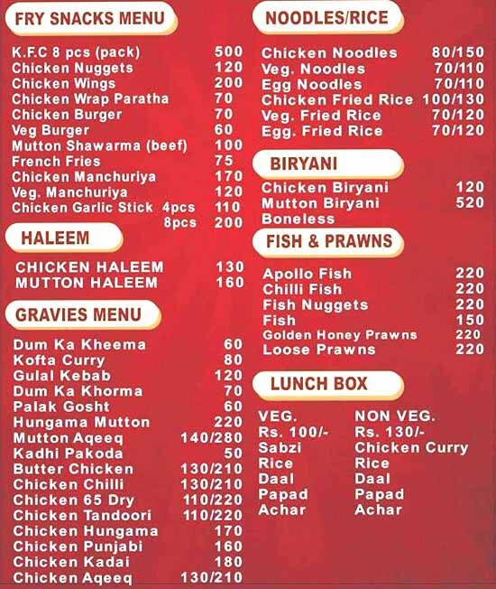 Menu of Standard Kitchen, Charminar, Hyderabad