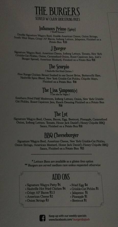 Menu at Burgers By Josh Bar Grill, Rouse Hill